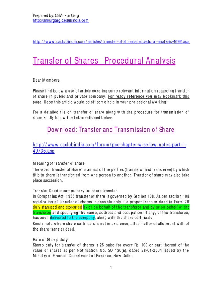 Transfer and Transmission of Shares | PDF | Privately Held Company | Deed