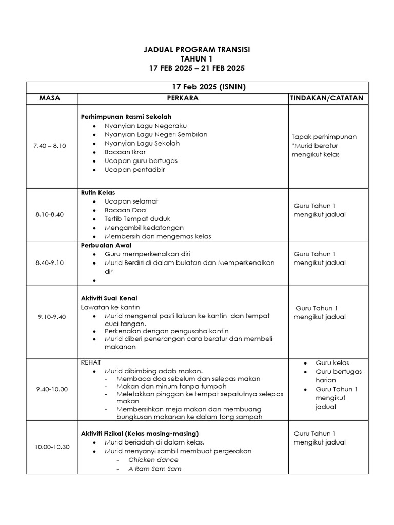 JADUAL PROGRAM TRANSISI MINGGU PERTAMA | PDF