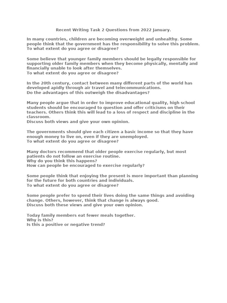 Recent Writing Task 2 Questions From 2022 January | PDF