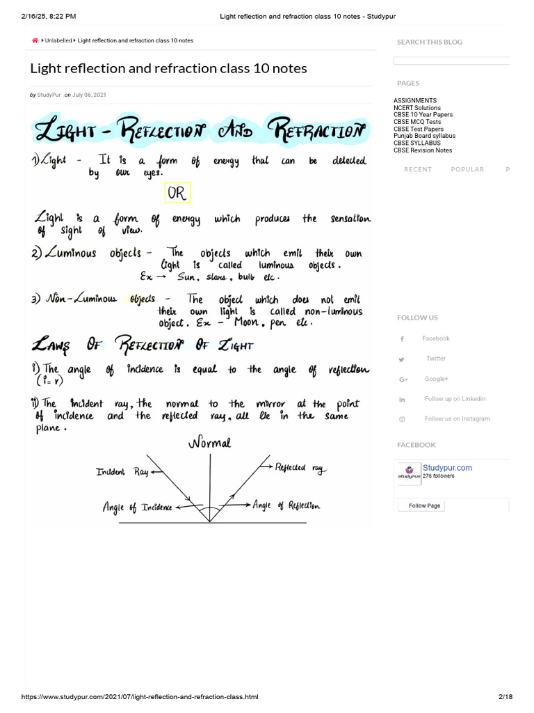 Light Reflection and Refraction Class 10 Notes - Studypur | PDF | Web 2 ...
