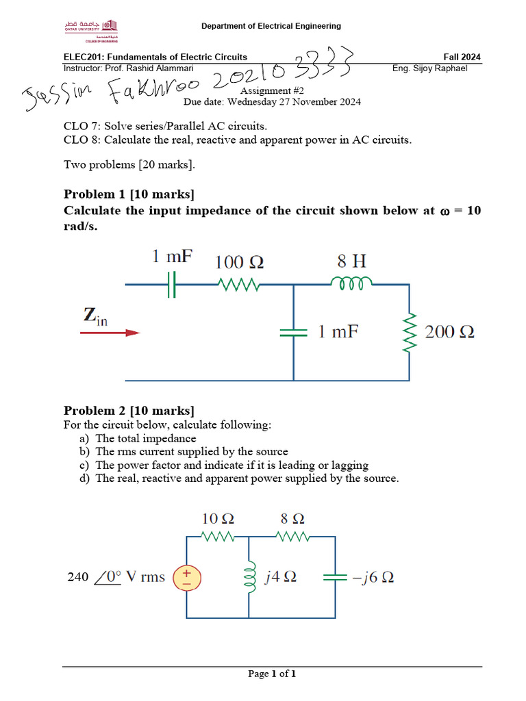 H.W 2 Electric Circuits | PDF | Ac Power | Physical Quantities