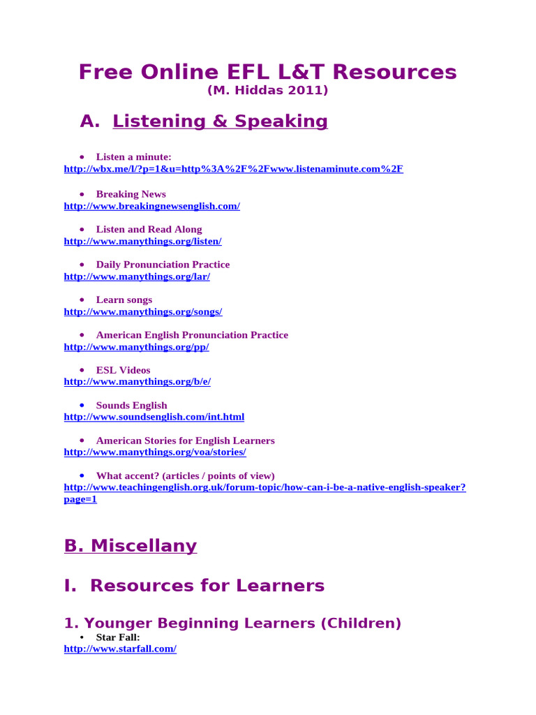 Free EFL Listening & Learning Resources | PDF | English As A Second Or ...