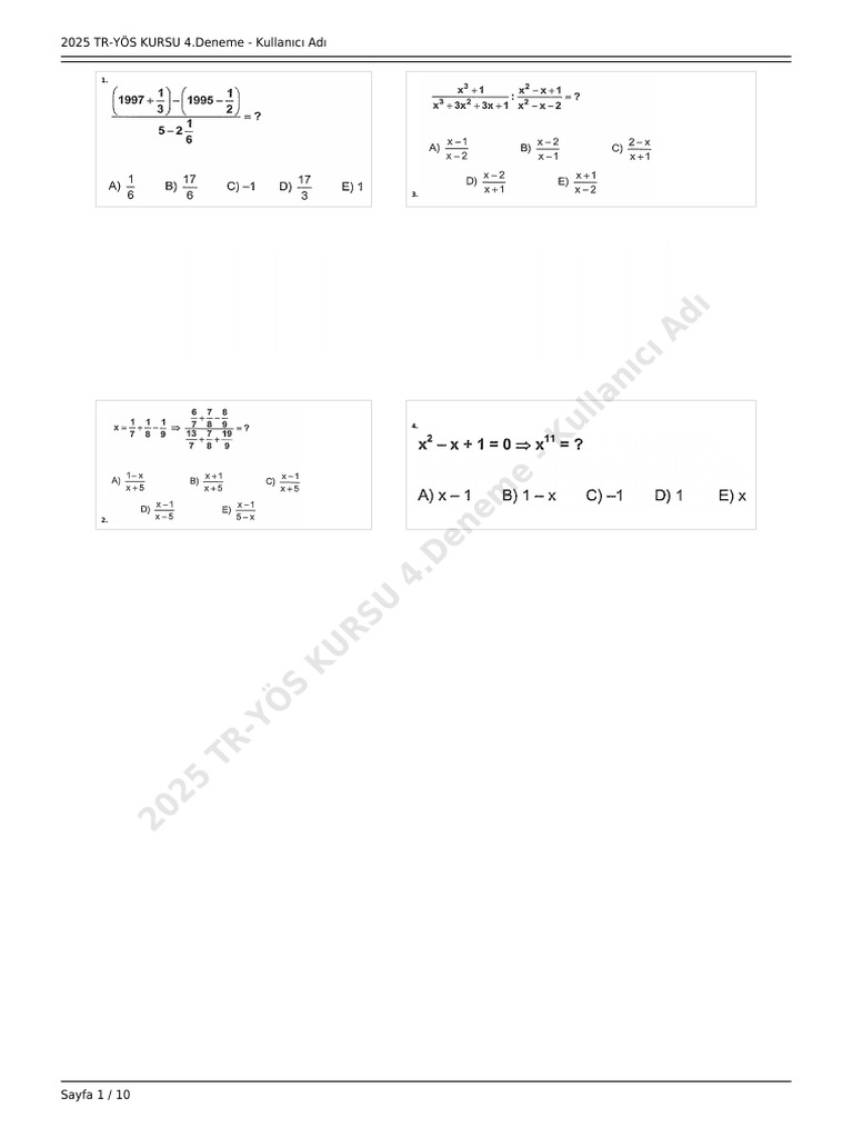 2025 TR-YÖS KURSU 4.deneme | PDF