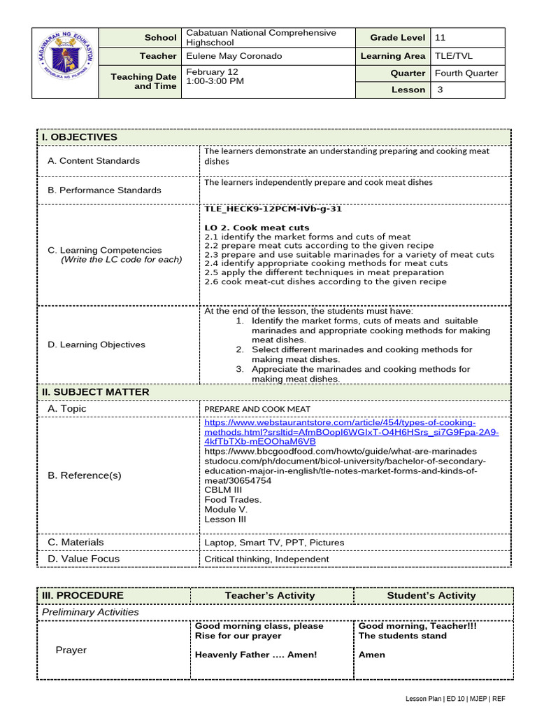 LESSON PLAN 3 | PDF | Grilling | Roasting