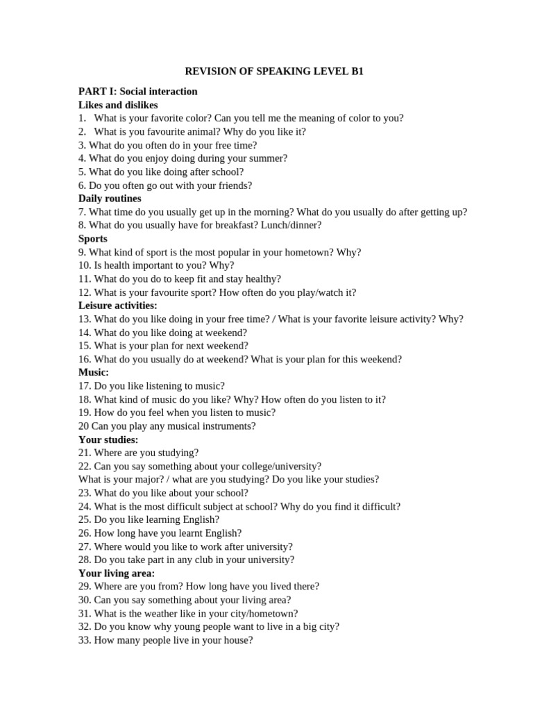 B1 Speaking Revision Guide: Topics & Questions | PDF
