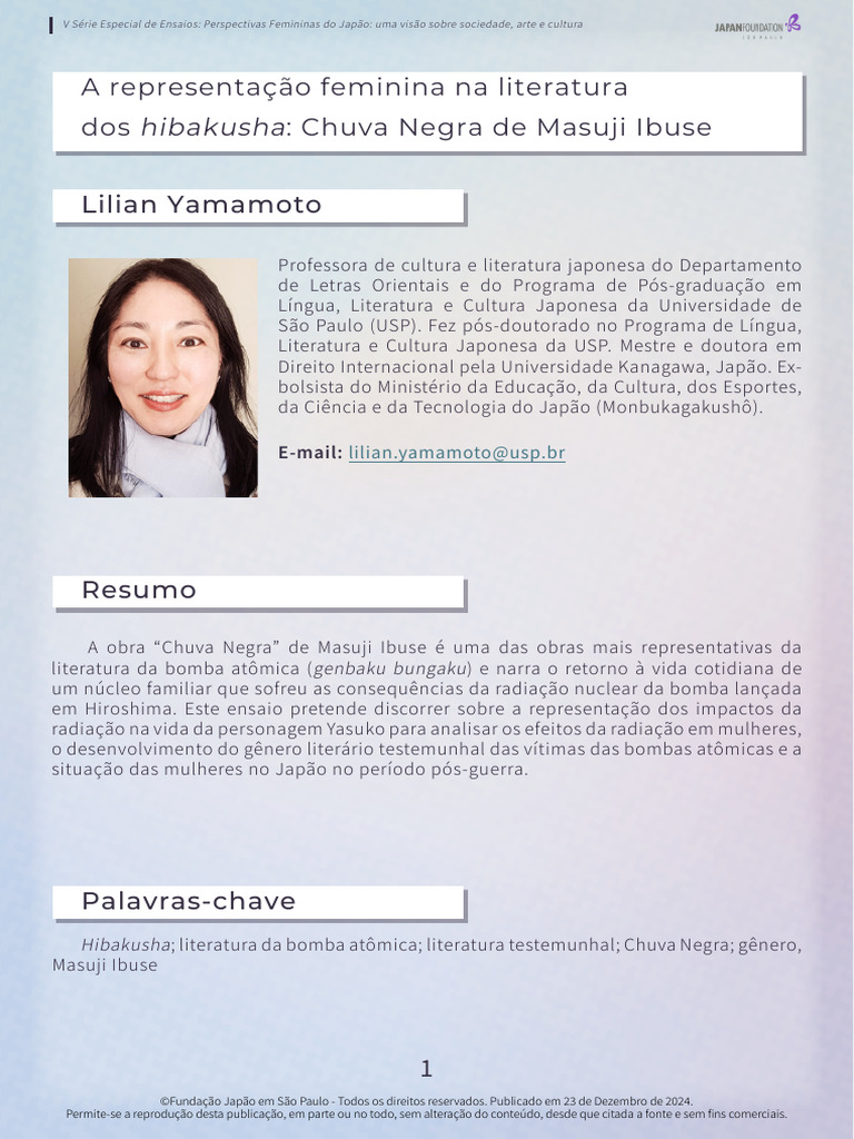 A Representacao Feminina Na Literatura Dos Hibakusha Lilian Yamamoto | PDF | Japão | Mulher