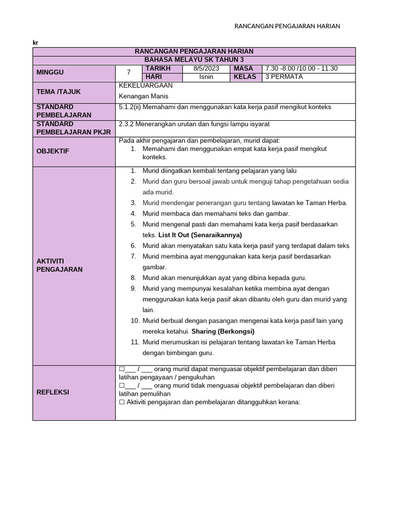 RPH Ringkas Minggu 5 BM SK THN 3 2023 by Cikgu Gorgeous | PDF