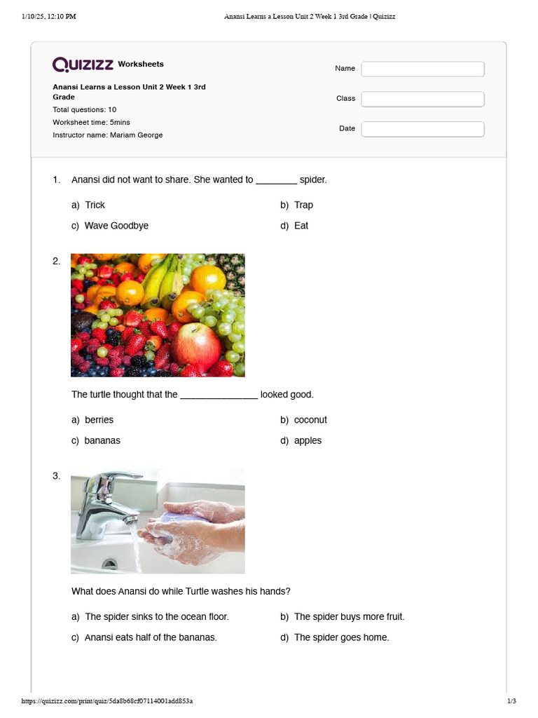 Anansi Learns A Lesson Unit 2 Week 1 3rd Grade - Quizizz | PDF | Anansi
