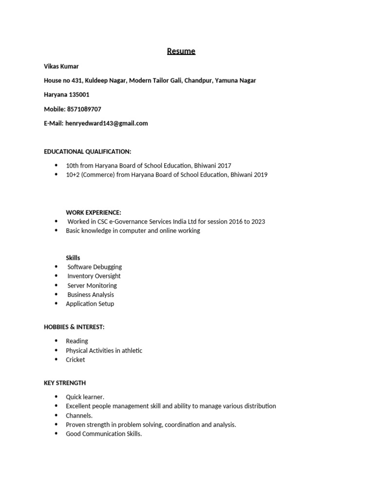 Vikas Kumar's Resume: Skills & Experience | PDF