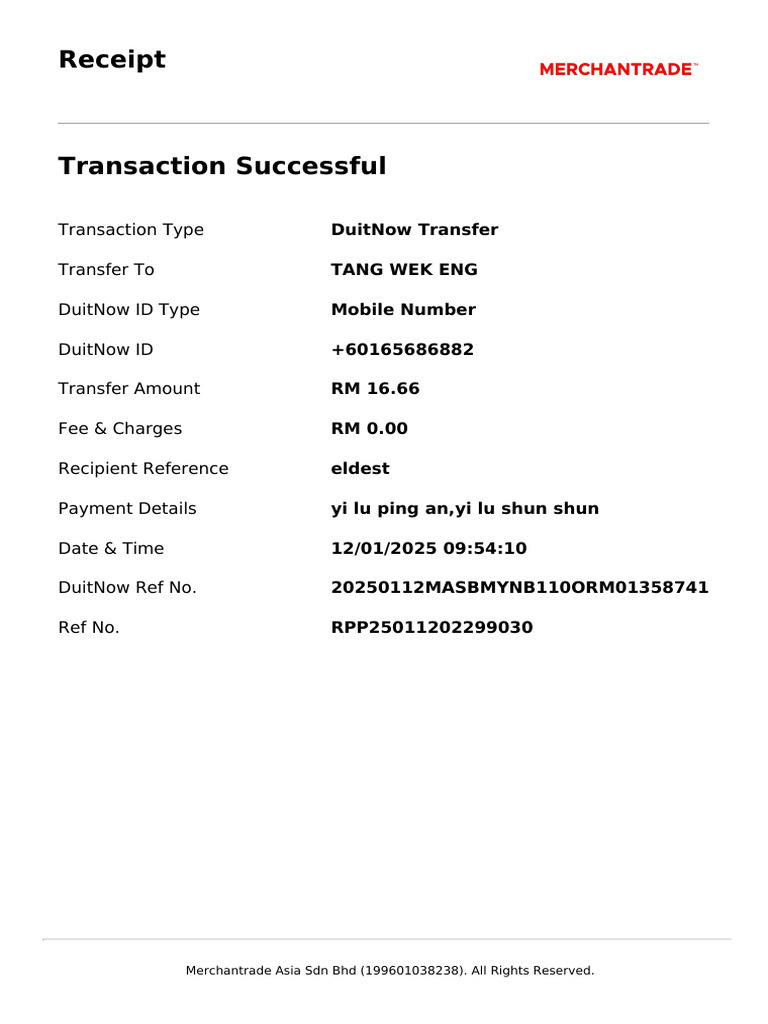 DuitNow Transfer Receipt - RM 16.66 | PDF
