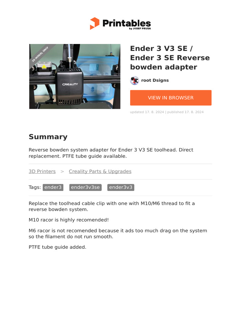 Ender 3 V3 SE Reverse Bowden Adapter | PDF