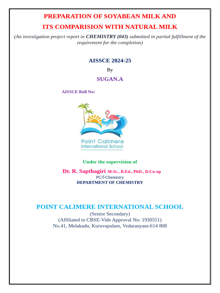 Chemistry Investigatory Project (Reshvanth) | PDF | Soy Milk | Milk