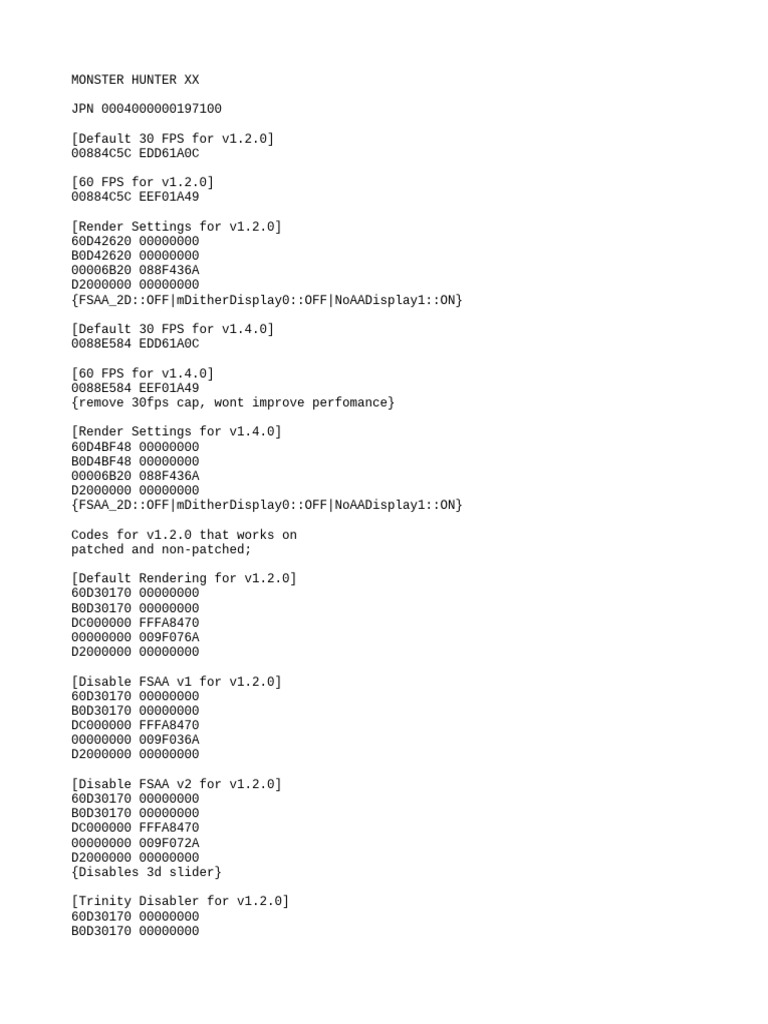 MHXX 1.4 Cheat Codes and Settings | PDF