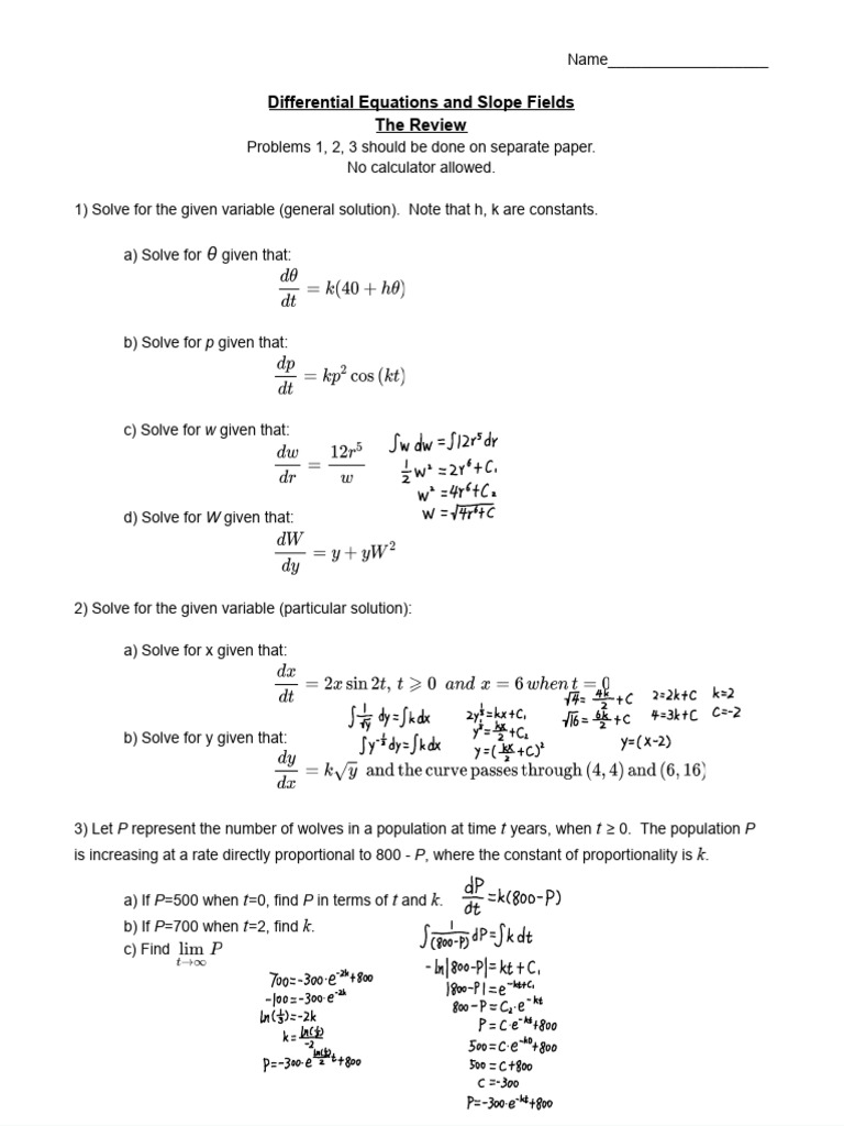 Diff Eq and Slope Fields Review | PDF