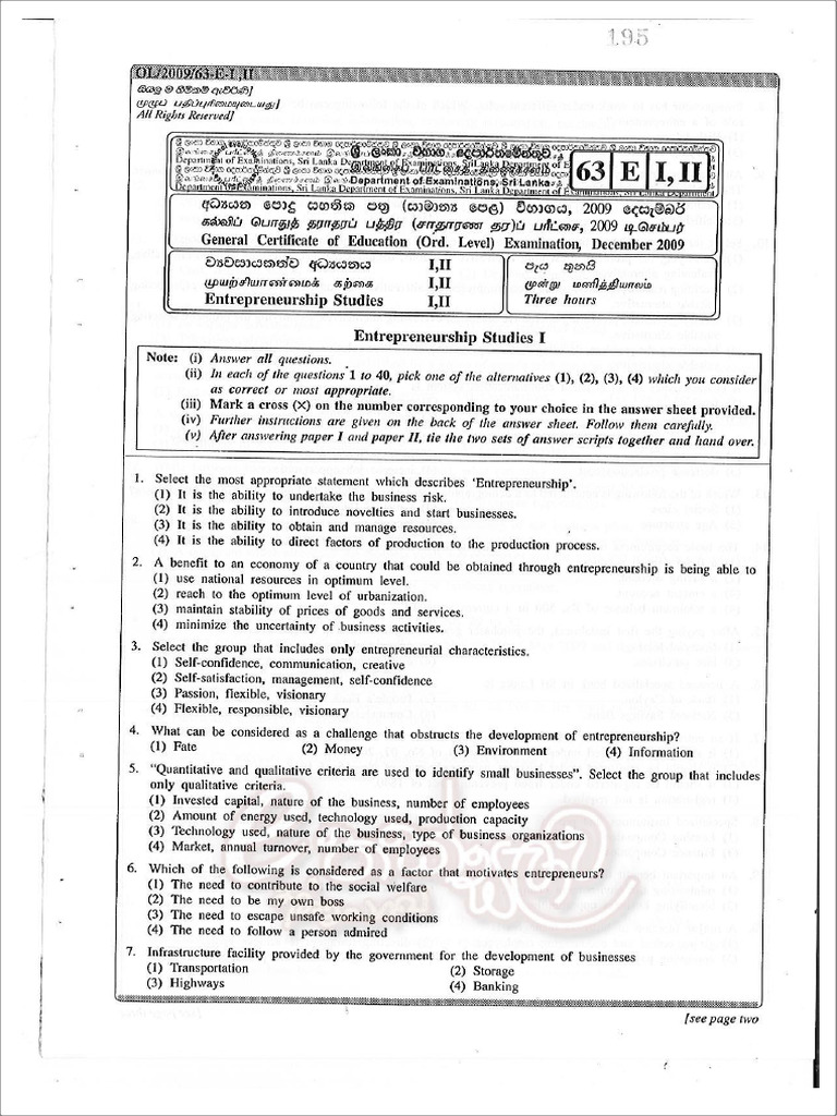 2009-OL-Entrepreneurship-Studies-Past-Paper-English-Medium | PDF