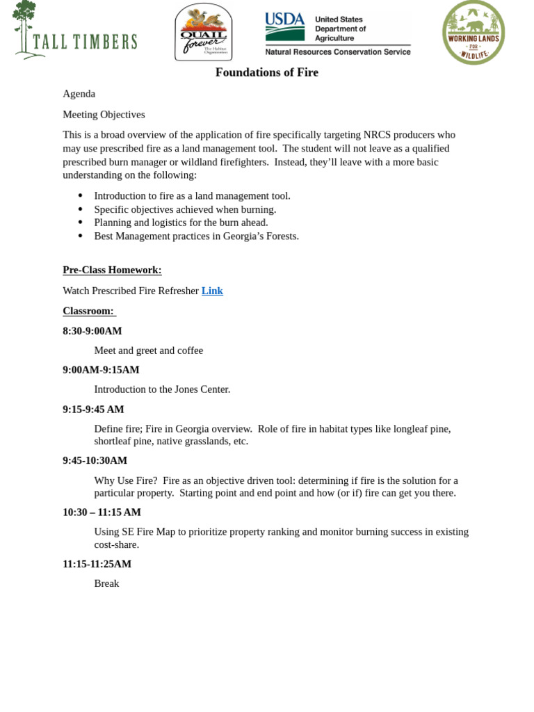 Draft Agenda for Prescribed Burn Training Foundations of Fire Jones ...