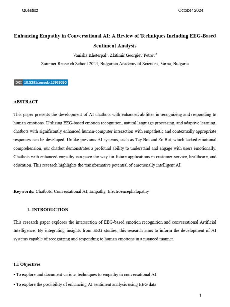 Enhancing Empathy in Conversational AI - A Review of Techniques Including EEG-Based Sentiment ...