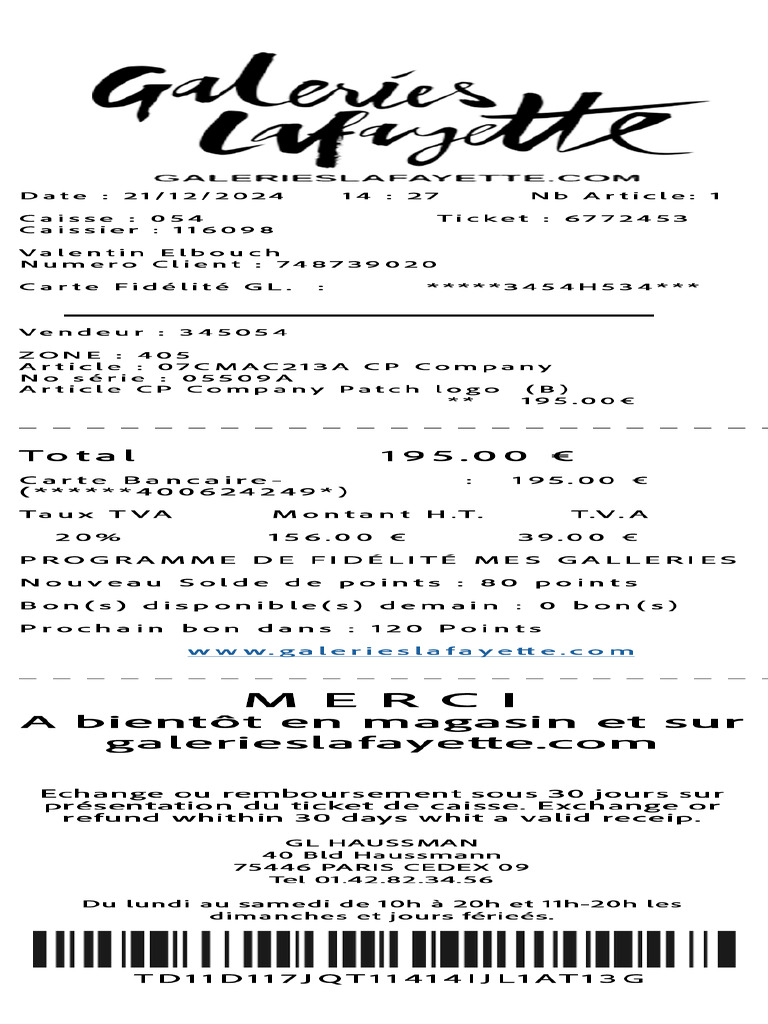 Ticket de Caisse Galerie Lafayette Copie | PDF