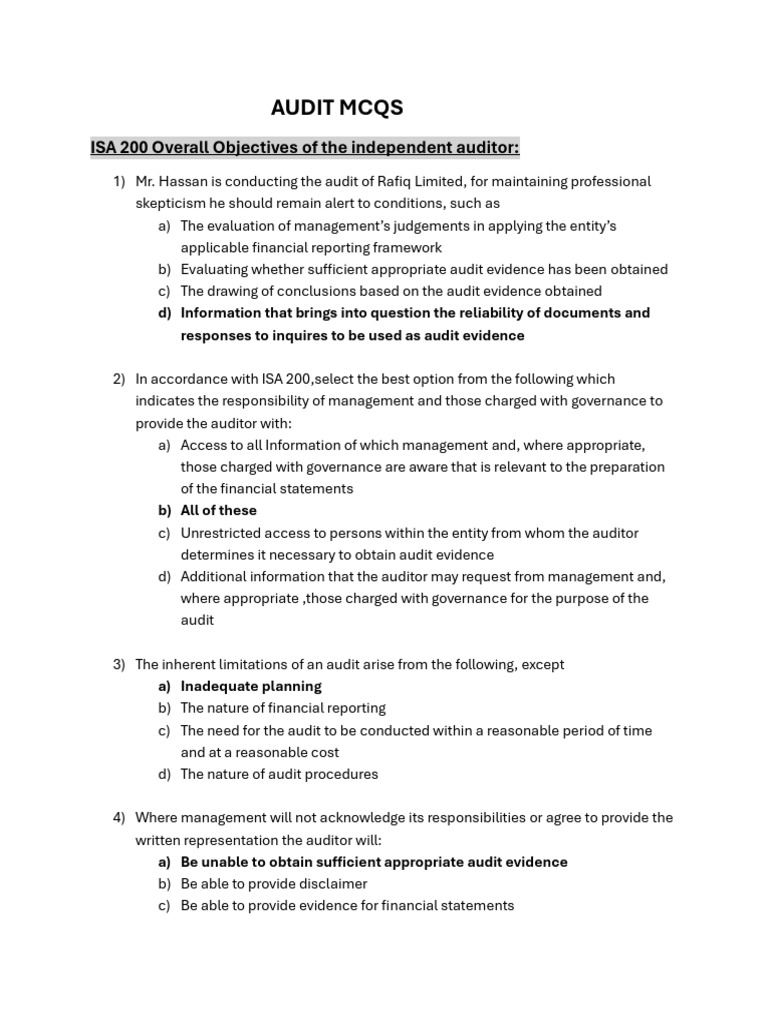Audit MCQS | PDF | Going Concern | Audit