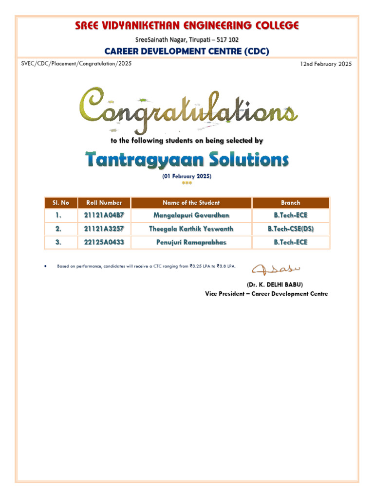 Congratulations Tantragyaan Solutions 2025 Batch SVEC | PDF