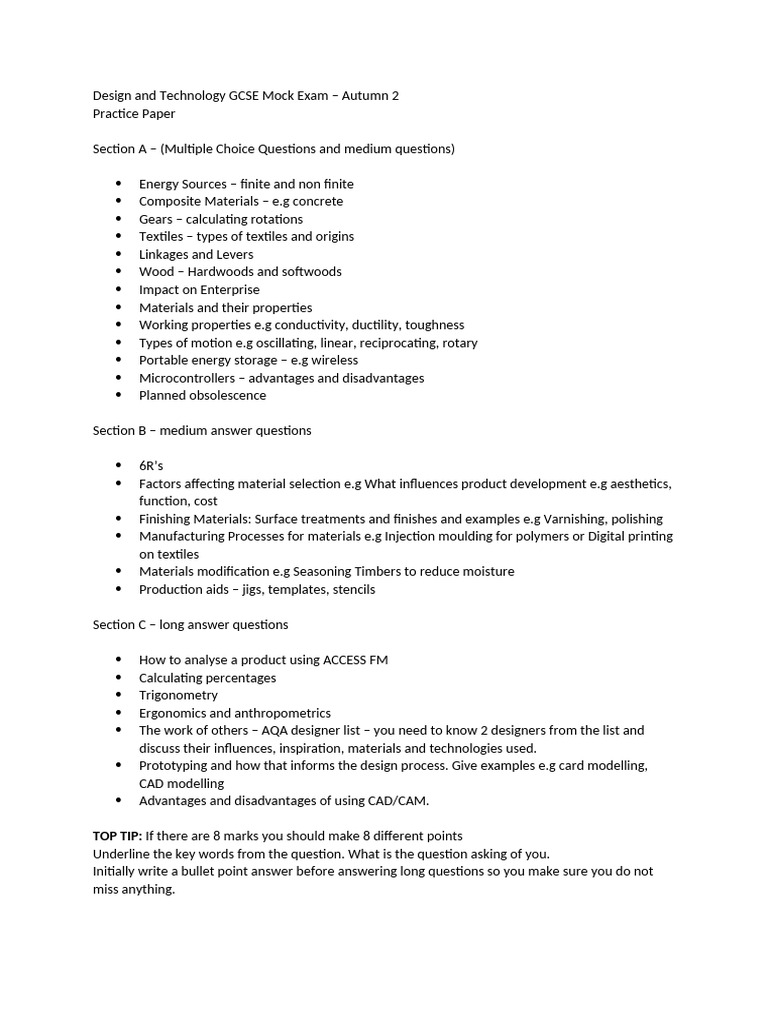 Design and Technology GCSE Y11 Mock Exam Revision List | PDF