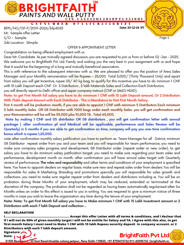 Sample Offer Letter 1 Cnf (1) (2) (3) (1)(2) | PDF | Salary