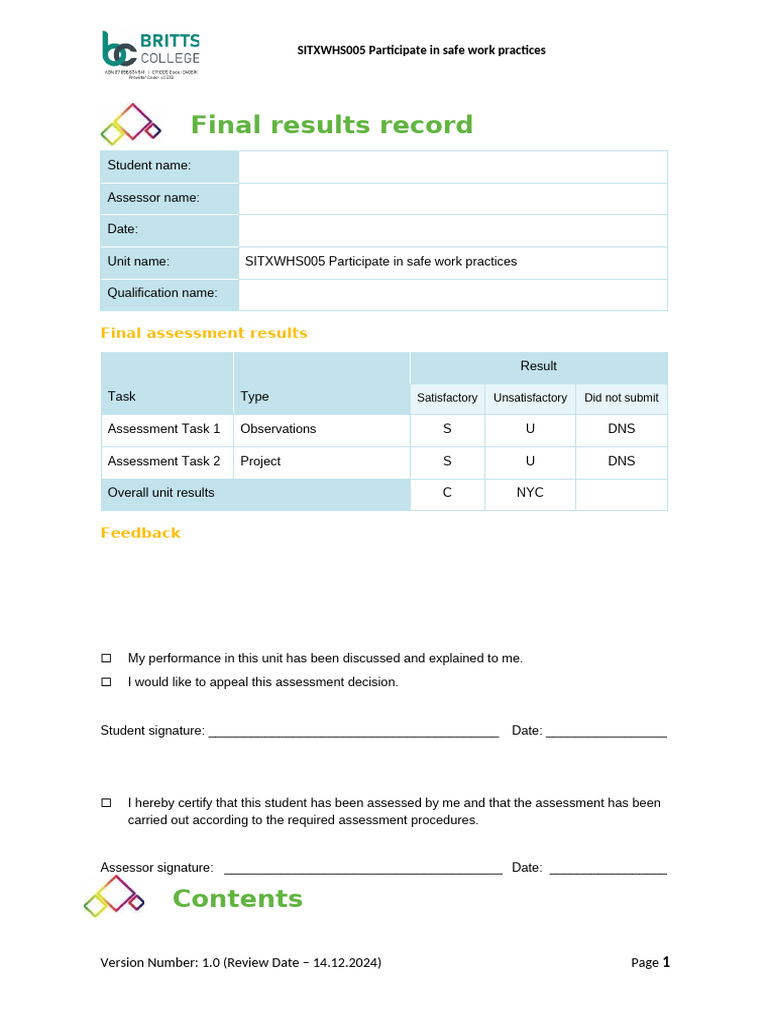 SITXWHS005 Student Assessment Tasks Version 1.0 | PDF | Occupational ...