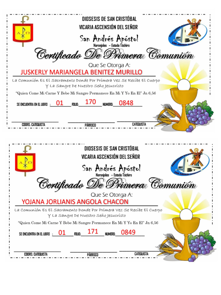 CERTIficado de Primera Comunion | PDF