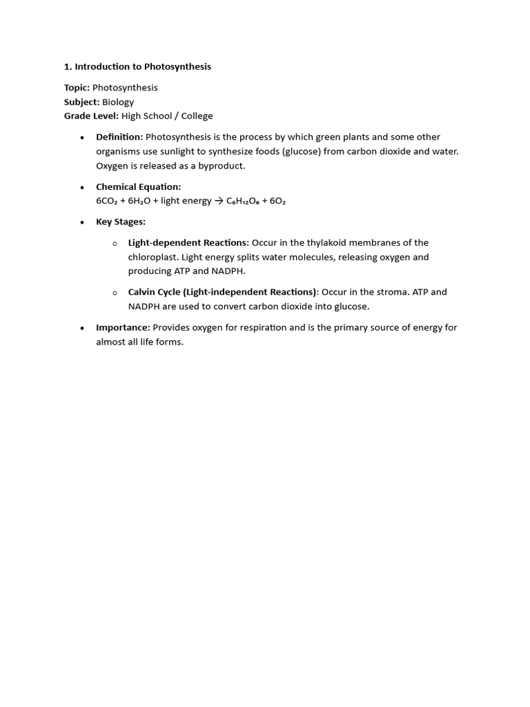Introduction To Photosynthesis Topic: Subject: Grade Level: Definition ...