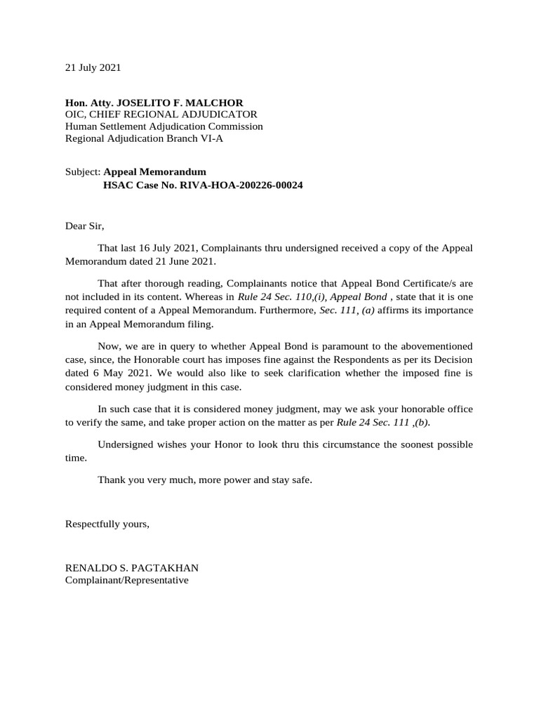 Appeal Memorandum Inquiry on Bond Requirements | PDF