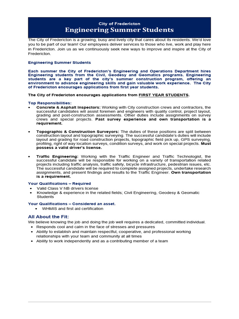Fredericton Engineering Summer Jobs | PDF | Surveying