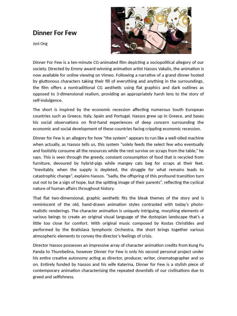 Dinner For Few: A Sociopolitical Allegory | PDF | Essays