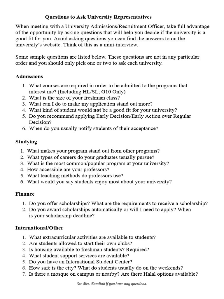 Key Questions for University Reps | PDF