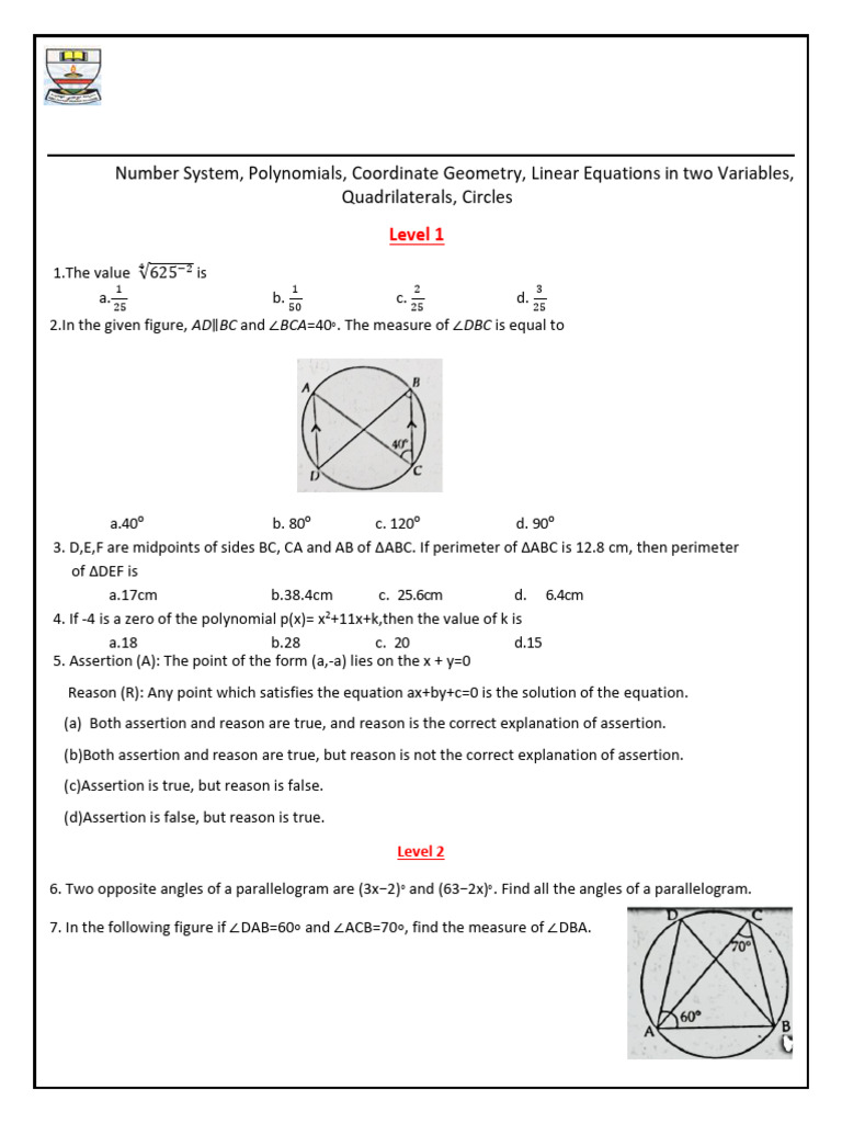 Grade9 Maths Revision Worksheet1TERM -2 (24-25) | PDF | Equations | Circle