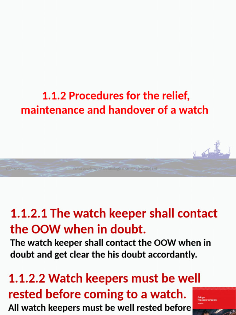 1.1.2 Procedures For The Relief, Maintenance and Handover of A Watch | PDF | Navigation | Ships