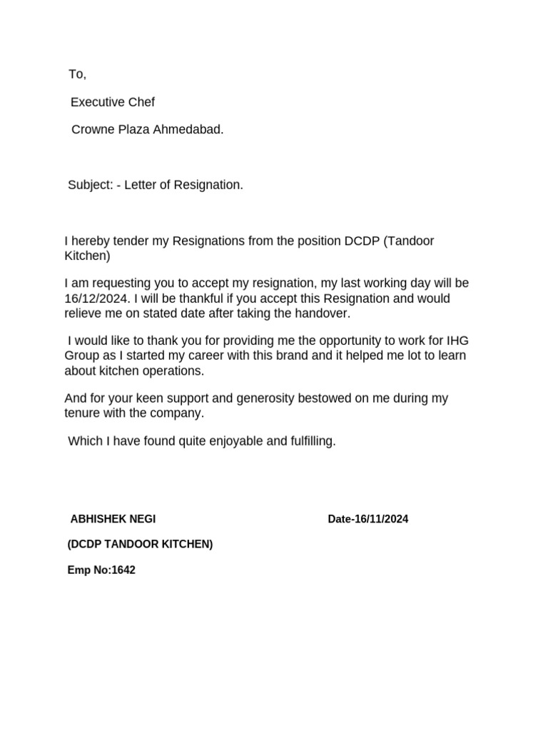 Resignation Letter from DCDP Tandoor Kitchen | PDF