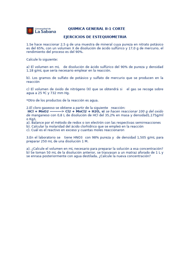 Ejercicios de Estequiometria 2023 | PDF