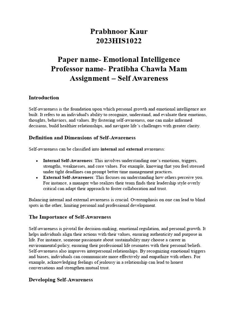 Assignment by Prabhnoor Kaur - Self Awareness | PDF | Self Awareness | Emotional Intelligence