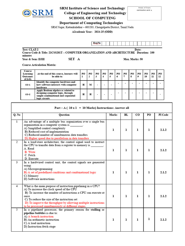 Computer Organization & Architecture Exam | PDF | Parallel Computing ...