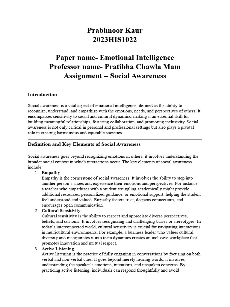 Assignment by Prabhnoor Kaur - Social Awareness | PDF | Empathy | Awareness
