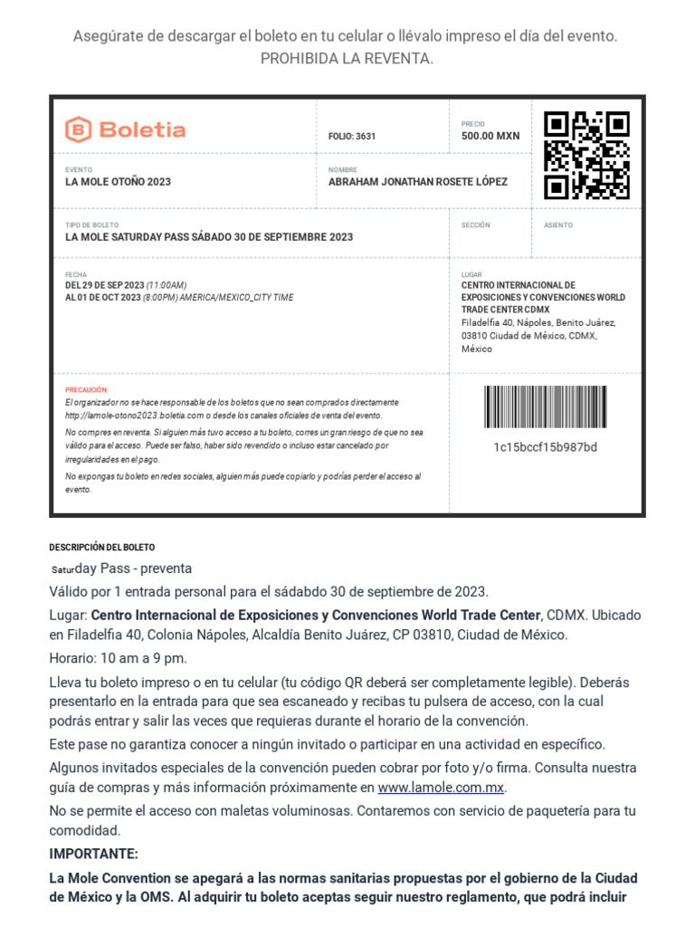 Boleto La Mole Otoño 2023: Sábado 30 Sep | PDF