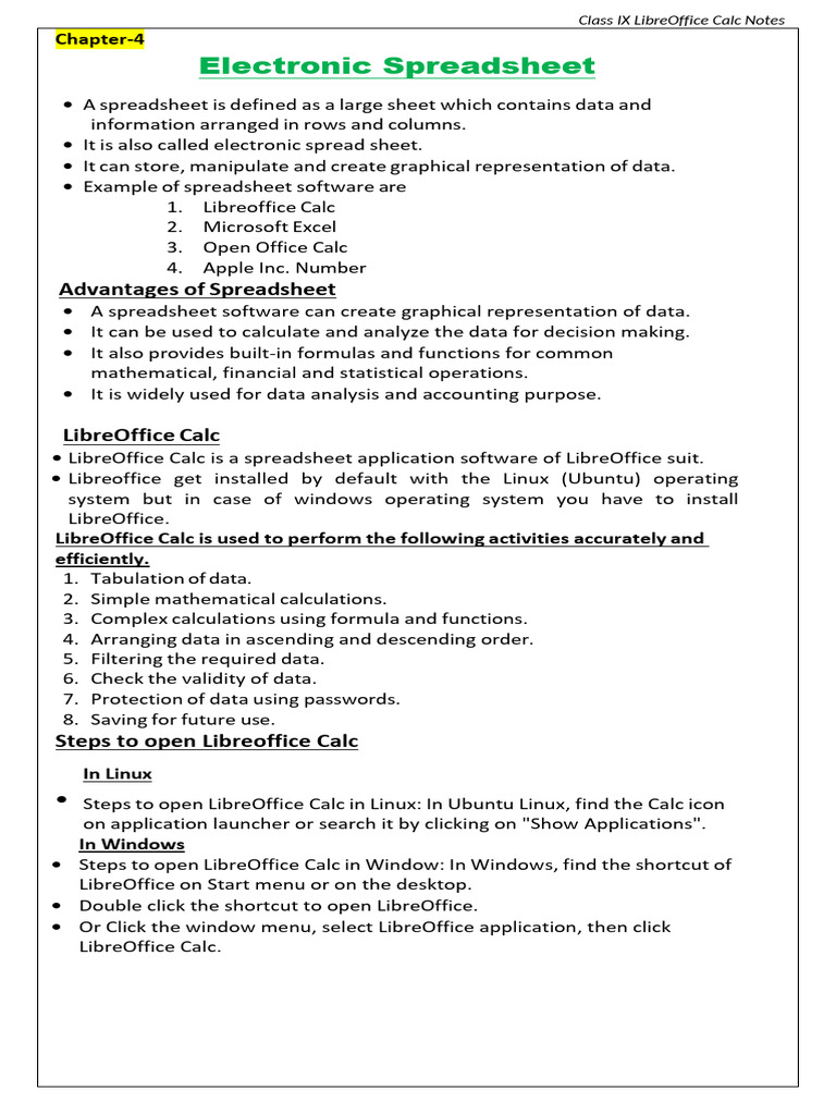 Class IX LibreOffice Calc Guide | PDF | Spreadsheet | Window (Computing)