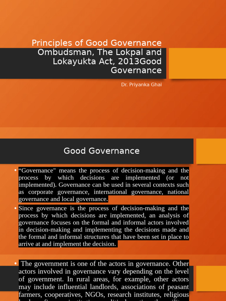Principles of Good Governance Ombudsman, The Lokpal | PDF | Governance ...