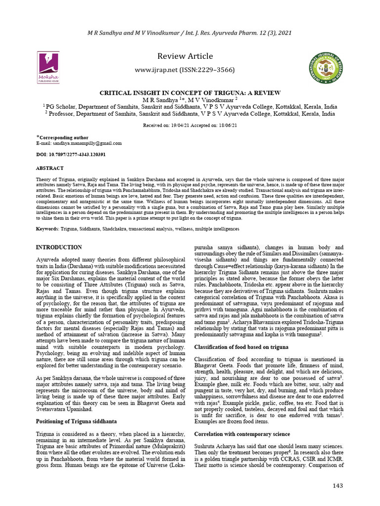 Insights on Triguna in Ayurveda | PDF | Ayurveda | Mind