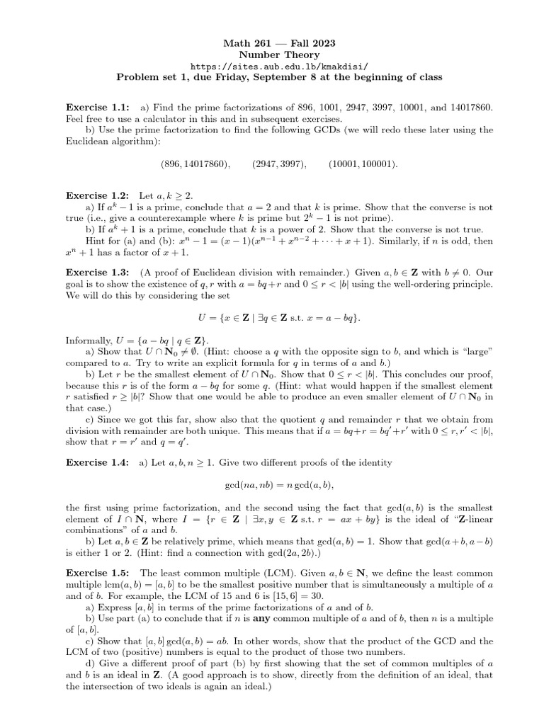 Math 261 Fall 2023: Number Theory Exercises | PDF | Elementary ...