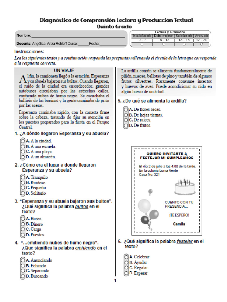 Prueba Diagnostica Lenguaje 5 ° | PDF | Brócoli