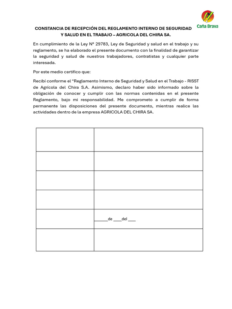 Constancia Recepción RISST AGRICOLA DEL CHIRA SA. | PDF