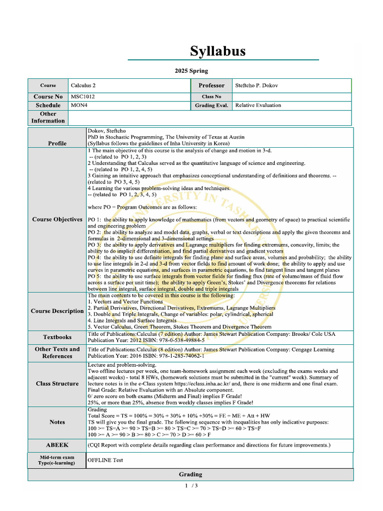 1 - Syllabus Calculus-2 Spring 2025 | PDF