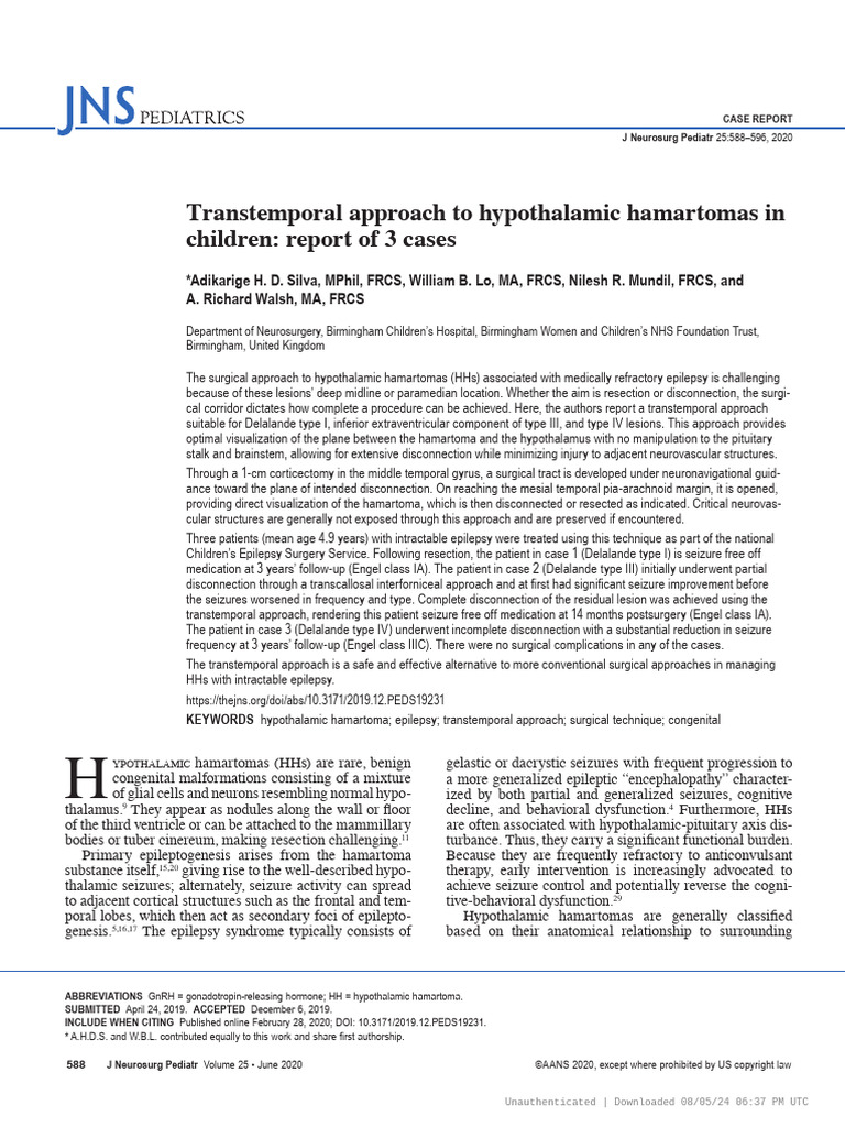 2020 - JNS - Transtemporal Approach To Hypothalamic Hamartomas | PDF | Epilepsy | Nervous System