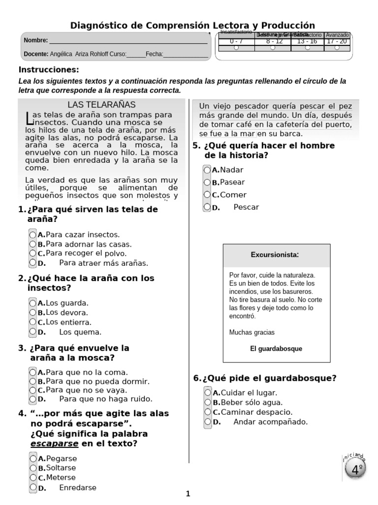 Diagnóstico Comprensión Lectora 4° | PDF